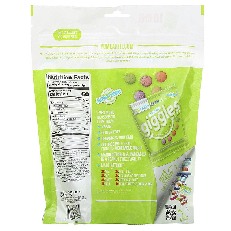 YumEarth, Organic Giggles, Sour, 10 Snack Packs, 0.5 oz (14 g) Each
